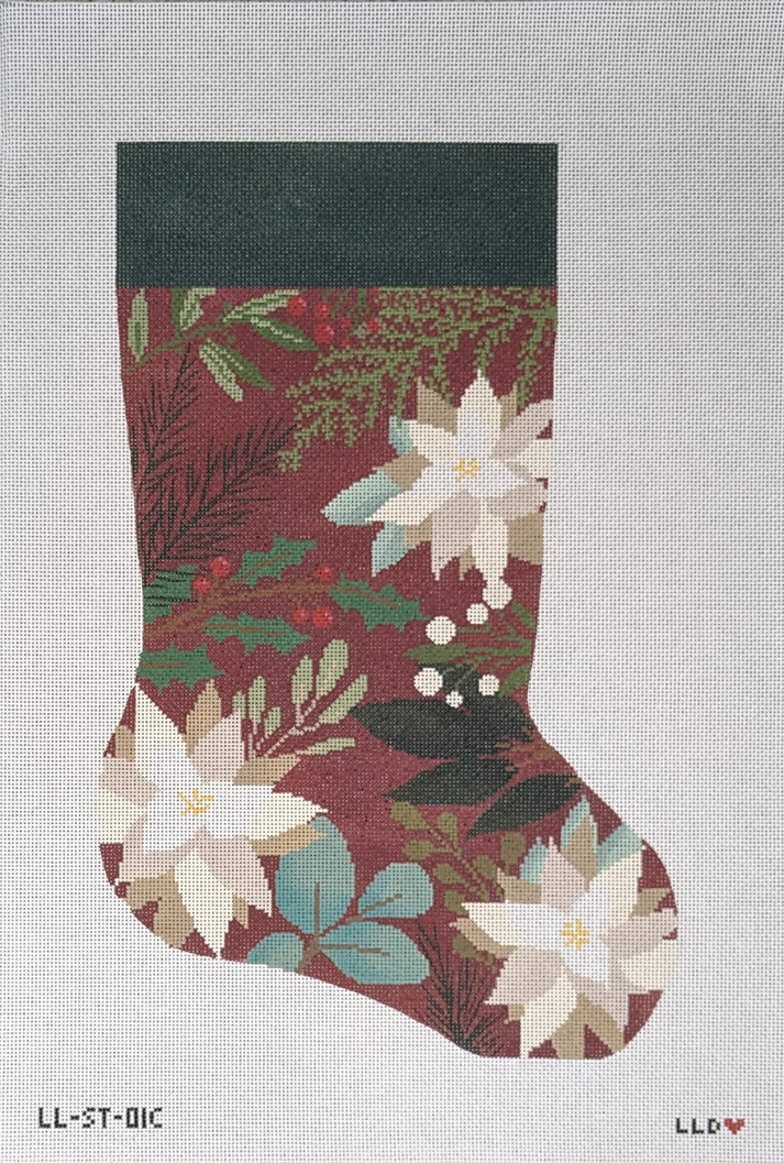 Red Stocking with White Flowers – Canvas Queen Needlepoint